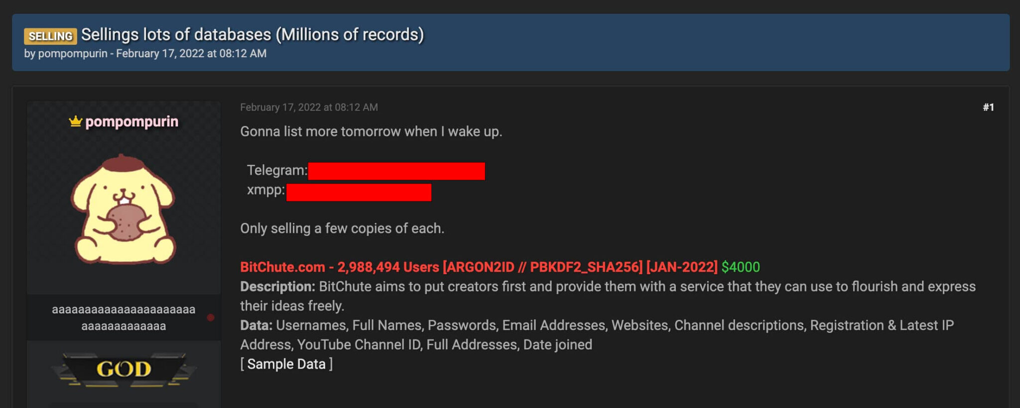 Personal Data of 3 Million BitChute Users Sold by Hackers