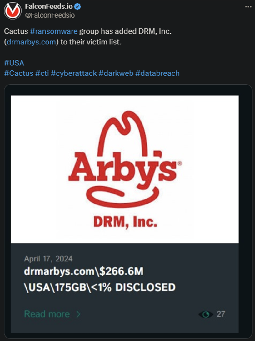CACTUS Ransomware Targets the US-Based Arby's
